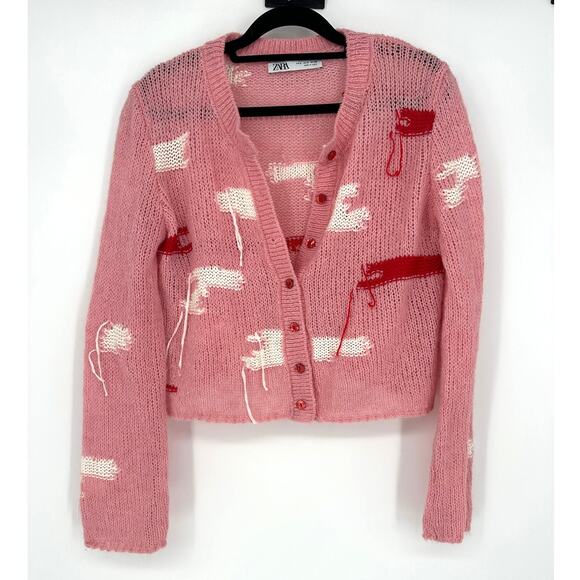 Zara | Sweaters | Zara Womens Pink Open Knit Cardigan Contrast Fringe ...